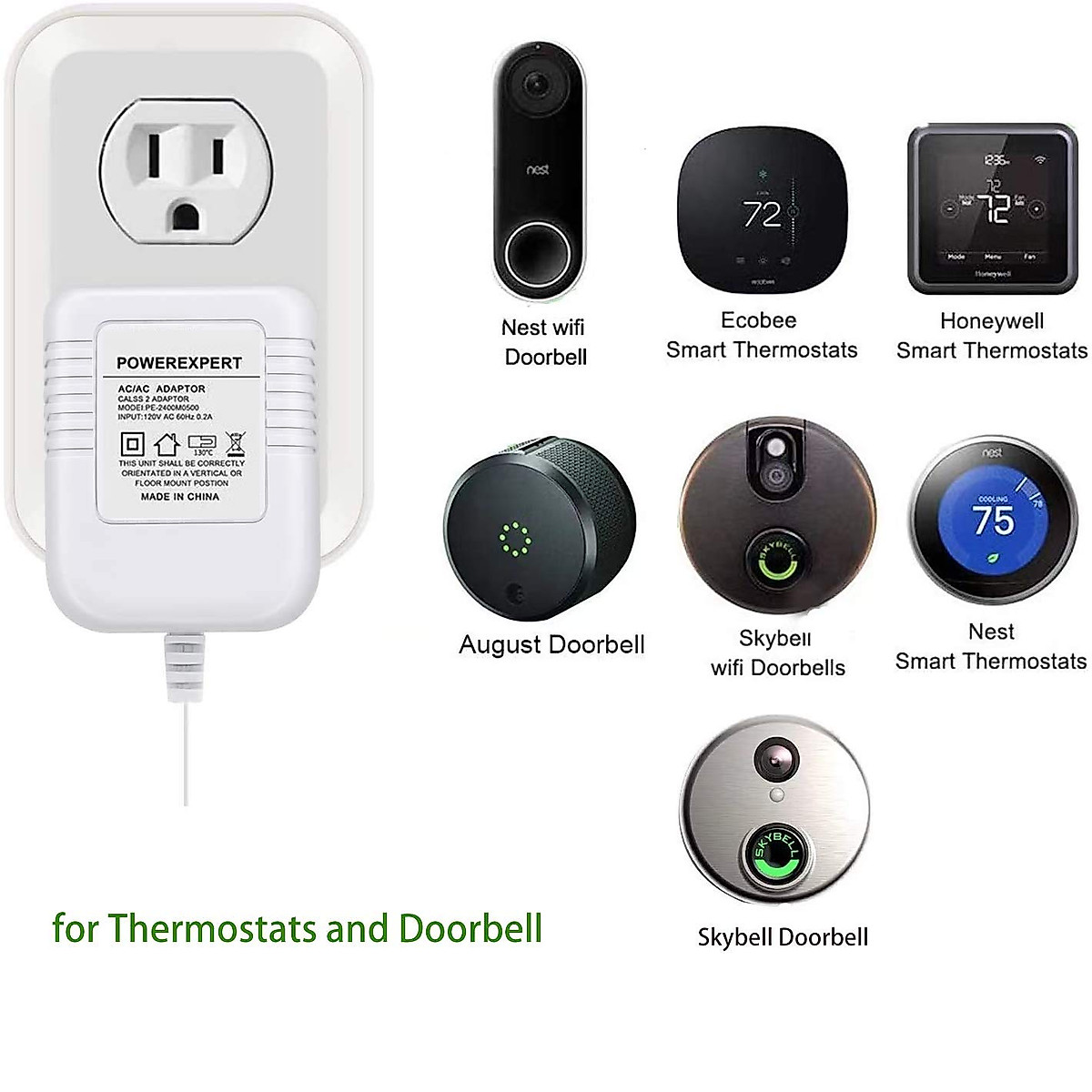 24Volt Transformer C Wire Adapter for Thermostat and All Versions of Ring Doorbell, Compatible with Nest, Ecobee, Honeywell, Sensi, Sensi Smart WiFi Thermostat, Nest Hello Doorbell Supply Cord