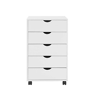 Naomi Home 5 Drawer Dresser for Bedroom, Stylish Tall Dressers with Wheels, Storage Shelves, Small Dresser for Closet, Makeup Dresser with 180 lbs Capacity - White