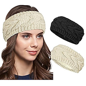 2 Pieces Womens Ear Warmer Headband Cable Knit Winter Headbands Fleece Lined Ear Warmers Stocking Stuffers Gifts,B-Black,Beige