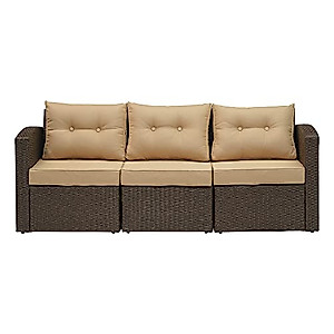 SUNVIVI OUTDOOR Patio Couch Sofa,3-Seat Outdoor Wicker Brown Rattan Sectional Couch Furniture Aluminum Frame with Non-Slip Beige Cushion