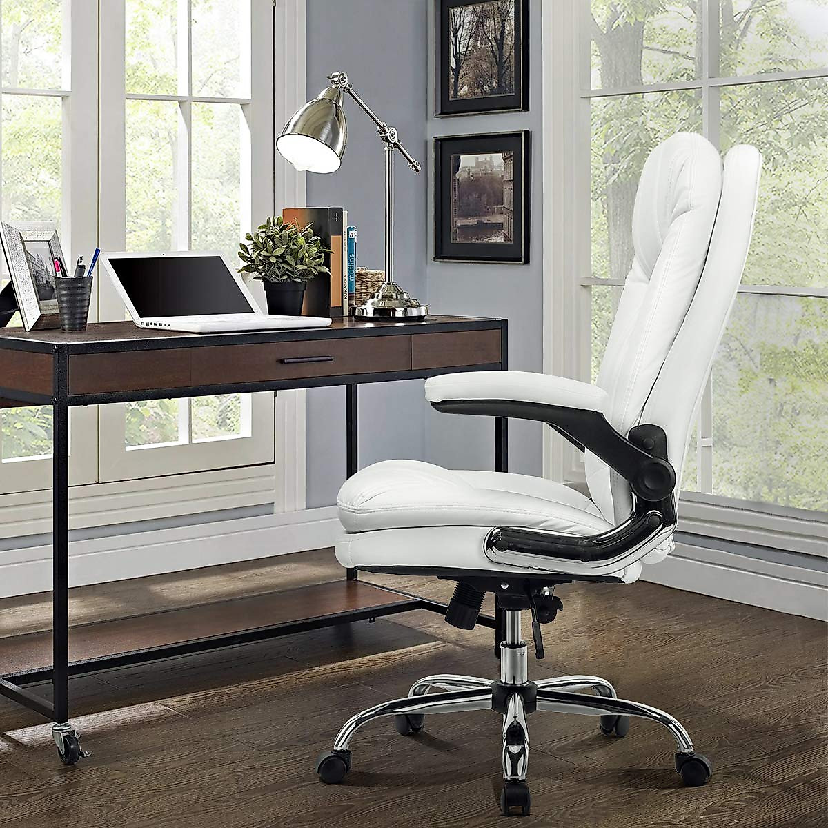 YAMASORO Ergonomic Executive Office Chair White High Back Leather Computer Chair Office Desk Chair with Flip-Up Arms and Comfy Headrest