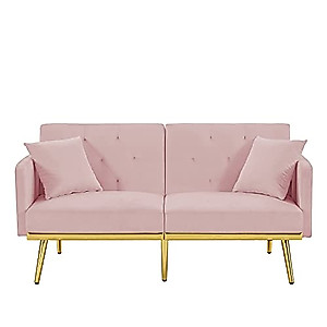 60" Convertible Velvet Futon Sofa Bed, Sleeper Sofa Couch with 2 Pillows and Adjustable Backrest, Modern Loveseat with Side Storage Pockets for Living Room, Bedroom (Pink)
