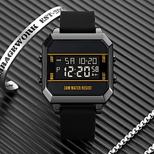 Digital Watch for Men, Yapeach LED Square Large Face Waterproof Outdoor Sport Silicone Wrist Watches for Men with Dual Time, Chrono, Alarm, EL Light, 12/24 H Clock, black, strap