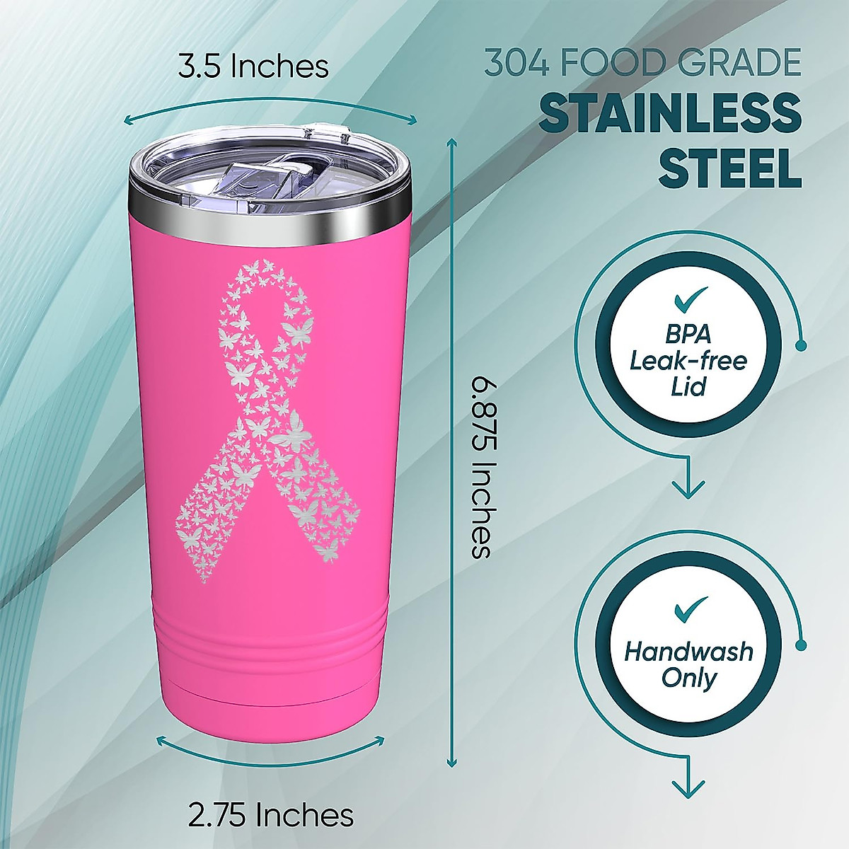 shop4ever Breast Cancer Ribbon Butterfly Insulated Tumblers 20 oz. with Lid, Stainless Steel Cups Travel Coffee Mug (Pink)