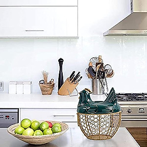 Egg Basket Metal Wire Fruit Basket with Chicken Shape Lid Ceramic Egg Holder, Holds 30 Eggs
