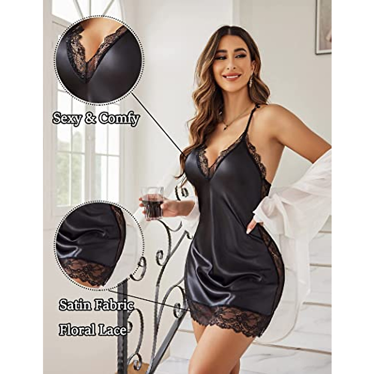 Avidlove Women's Slips Lingerie Nightgown Satin Lace Chemise Sexy Sleepwear S-4XL (Medium, Black)