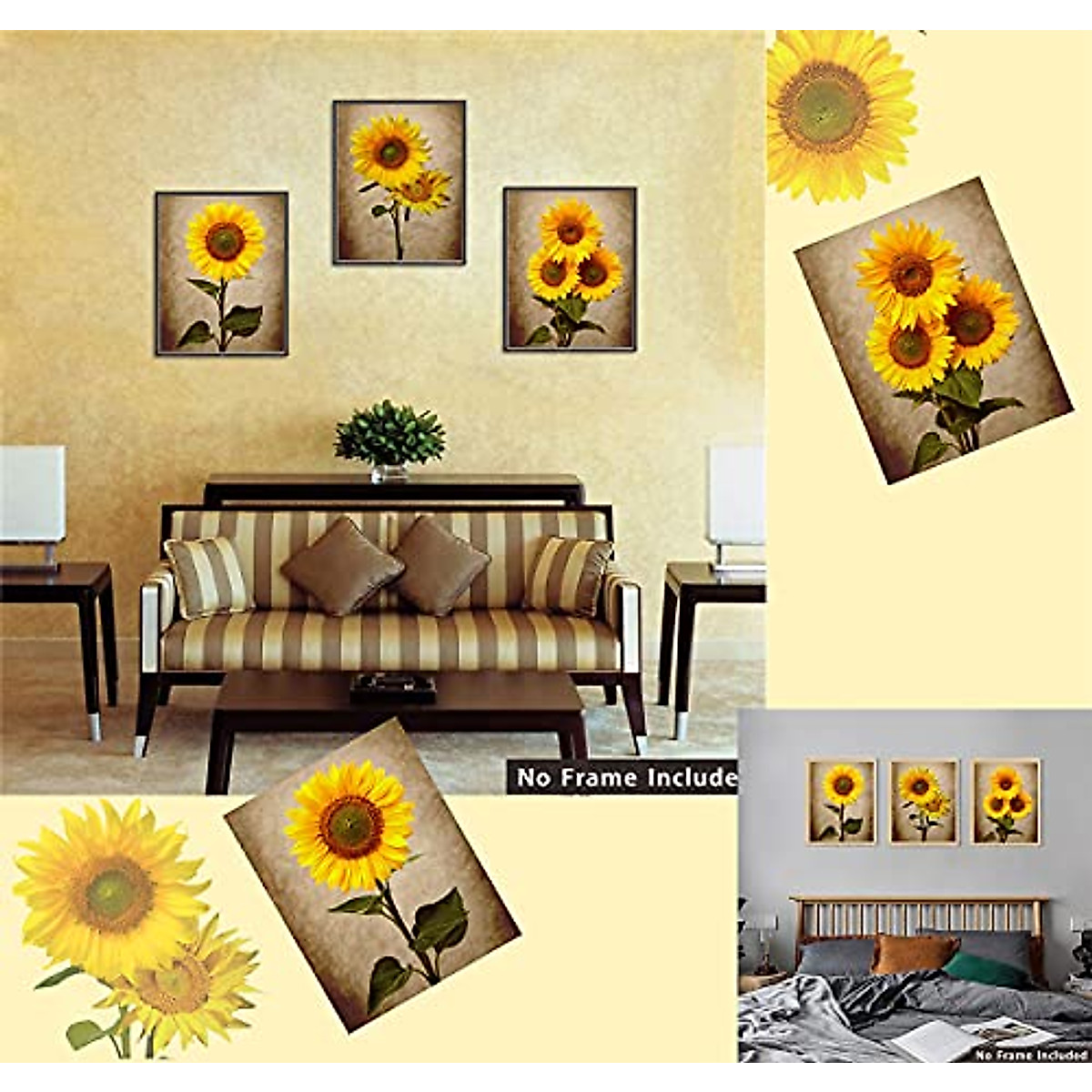 Barri Design Sunflower Decor Wall Art Prints Set of 3(8" x 10" Sunflowers Canvas Wall Art Sunflower Wall Pictures for Bedroom Kitchen Living Room Wall Decorations (Unframed)