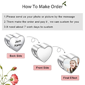 kaululu Custom Photo Charm 925 Sterling Silver Bead Personalized Heart Bead for Women Girls with Loved Heart Charms Beads Fit Women Bracelet Necklace Personalized Gift for Mother Daughter Girlfriend