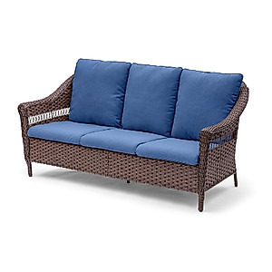 Buenhomino Outdoor Patio Sofa Couch - 3 Seater All Weather Rattan Conversation Sofa Porch Furniture Wicker Sofa with Deep Seat High Backrest for Deck Porch Balcony Garden - Brown/Blue