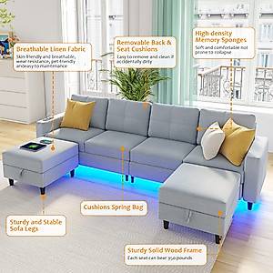 SKKTKT LED Sectional Couches for Living Room, Modular Sectional Sofa Set with Storage Ottomans, Oversized U Shaped Sofa Couch with Auto Sensor RGB Lights and Charging Station (Light Grey)