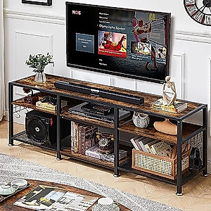 VECELO TV Stand for Televisions up to 75 Inch, Industrial Entertainment Center with 3-Tier Open Storage Shelves& Hooks for Living, Bedroom and Gaming Room, 70 Inch, Brown