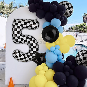 40 Inch Checkered Number Balloon 5 Black and White Race Car Birthday Balloons Baby Hippie Smile Party Shower Boys 5th Birthday Race Car Theme Party Decor Supplies 5 Pcs