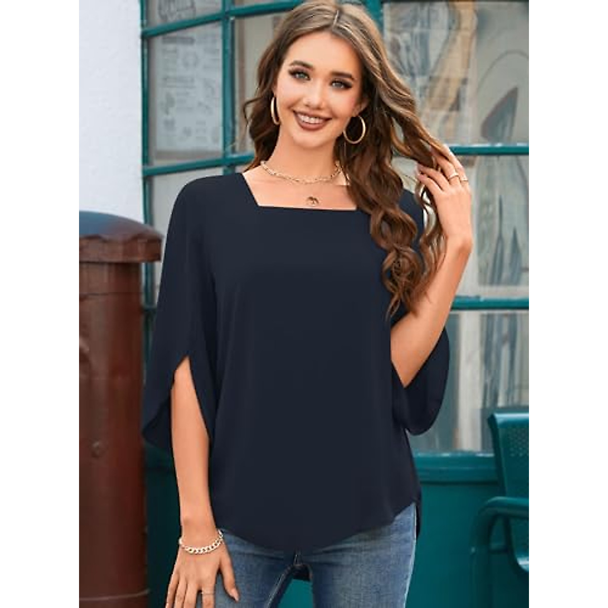 TAOHUADAO Womens 2025 Summer Casual Square Neck Loose Tunic Top for Leggings 3/4 Sleeve Chiffon Blouse Shirt Tops Large, Navy Blue