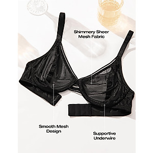 Deyllo Women's Sheer Mesh Lace Unlined Underwire Bra Sexy See-Through Demi Bralette(Black,36D)