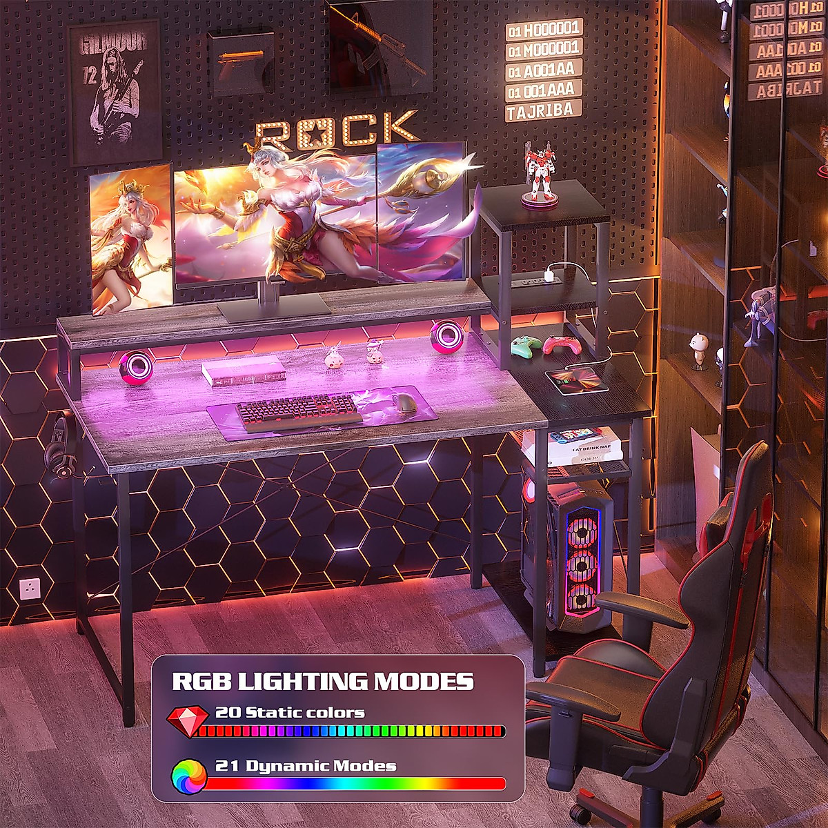 armocity 2024 Upgrade Gaming Desk with LED Lights, Small Computer Desk with Long Monitor Stand, 47.2'' Reversible Laptop Table with Storage Shelves, Small Desk for Small Spaces, Gaming Room, Grey