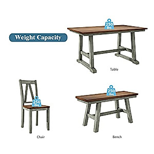 6 Piece Kitchen Dining Table Set, Wooden Rectangular Table and 4 Dining Chairs and 1 Bench Family Furniture for 6 Persons, Farmhouse Style (Walnut+Gray)
