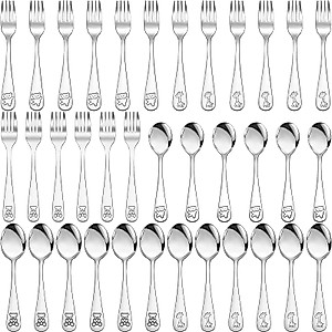 36 Pcs Kids Silverware Set Toddler Utensils Stainless Steel Safe Forks and Spoons 16 Kids Forks 16 Kids Spoons Children Metal Cutlery Set Baby Flatware Sets (Silver)