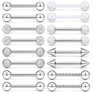 SCERRING 8 Pairs 14G Stainless Steel Clear CZ Nipple Ring Tongue Straight Barbell Rings Bars Retainer Body Piercing Jewelry for Women Men 9/16Inch Silver