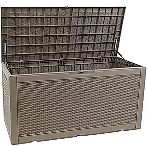 Sunnydaze 100-Gallon Faux Rattan Outdoor Deck Storage Box - Lockable Lid and Side Handles - Driftwood