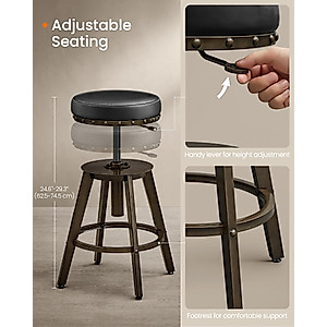 SONGMICS HOME Bar Stools, Set of 2, Steampunk Counter Stool for Kitchen, Adjustable Height and Swivel Padded Seat, Workbench Stool, 16.5 x 19.3 x 24.6-29.3 Inches, Ink Black ULJB096B01