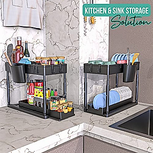 STORVAGE Height Adjustable Under Sink Organizer Kitchen 2 Tier Under Sink Organizers and Storage Bathroom, Sliding Basket Bathroom Cabinet Organizer with Hooks, Hanging Cup & Dividers (Black, 1)