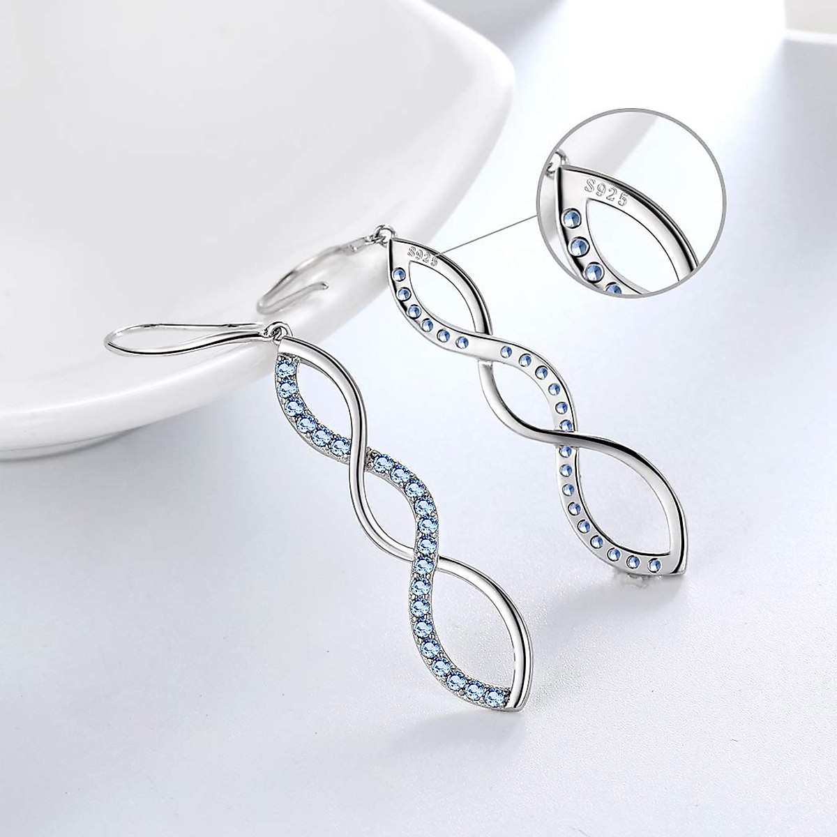 Aurora Tears Infinity Swirl Dangle Drop Twist Earrings Blue 925 Sterling Silver Women Crystal Spiral Hook Earrings Zirconia Gift Girls Dating Jewelry DE0062H