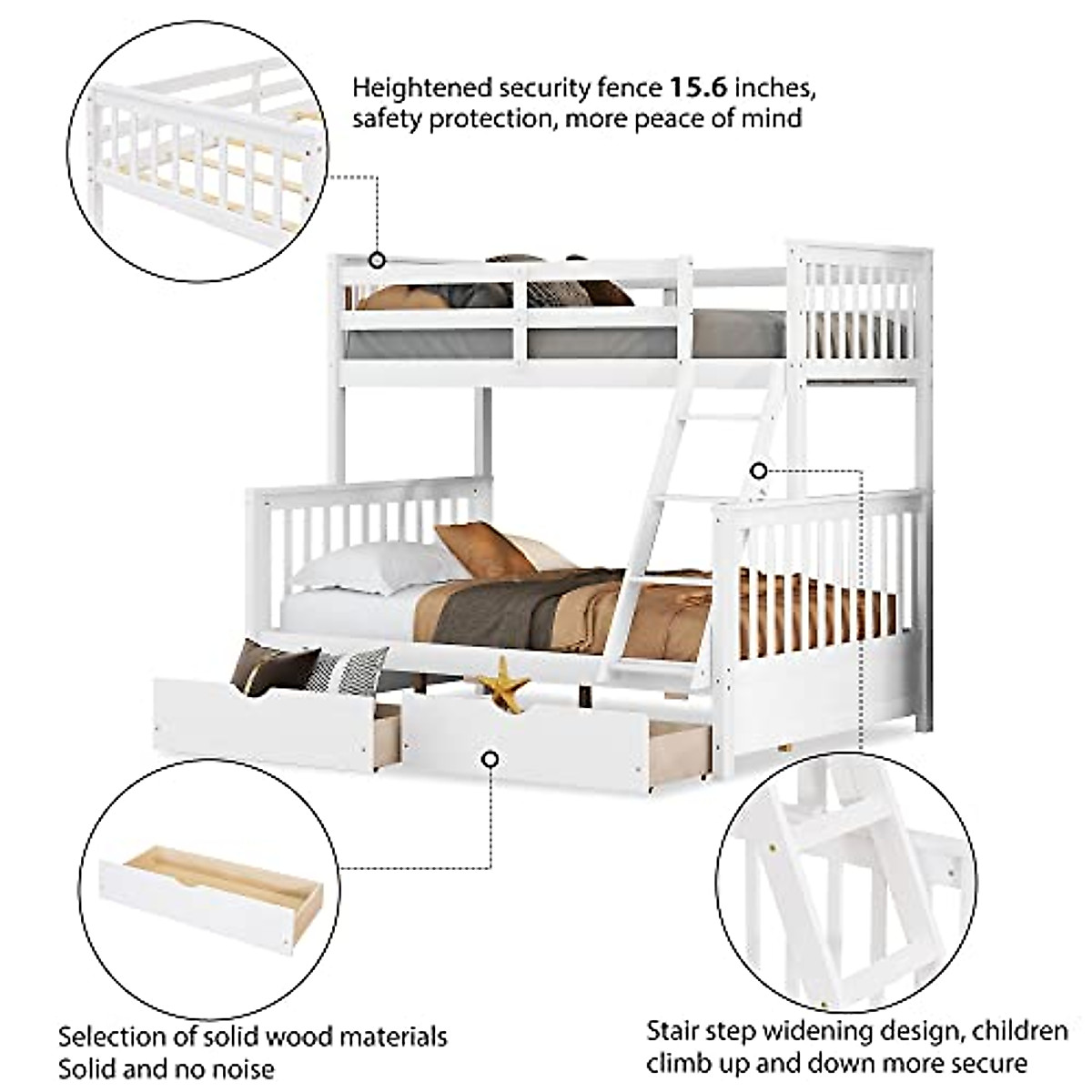 Merax Twin-Over-Full Bunk Bed with Ladders and Two Storage Drawers,White