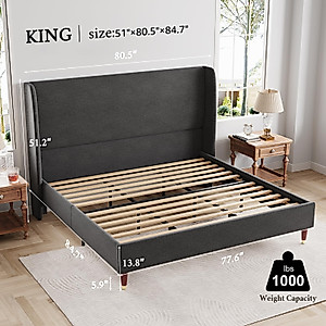 Jocisland King Size Bed Frame Upholstered Bed Frame King Platform Bed with Wingback Headboard/No Box Spring Needed/Easy Assembly/Dark Grey