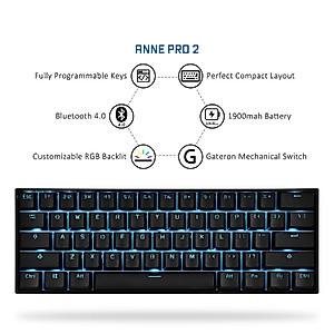 CORN Anne Pro 2 Mechanical Gaming Keyboard 60% True RGB Backlit - Wired/Wireless Bluetooth 5.0 PBT Type-c Up to 8 Hours Extended Battery Life, Full Keys Programmable (Gateron Blue, Black)