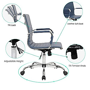 LeisureMod Harris Modern Adjustable Swivel Leather Task Office Chair, Navy Blue