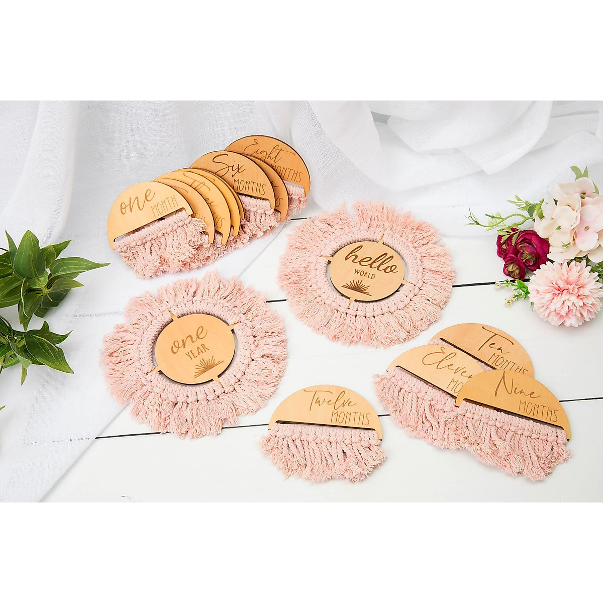 Baby Monthly Milestone Growth Announcement | Hello World | First Year | Pink Mauve Macrame Wooden Circle Marker Card Pregnancy Gift
