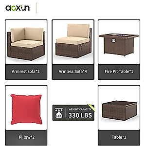 Aoxun 8PCS Patio Furniture Set with 44" Fire Pit Table Outdoor Sectional Sofa Set Wicker Furniture Set with Coffee Table, Brown Wicker