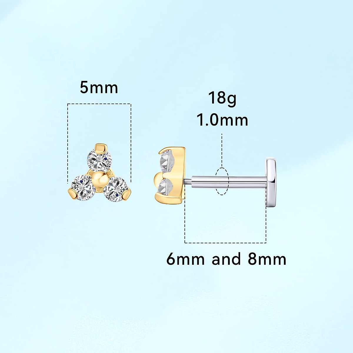 Limerencia G23 Hypoallergenic 18g Flat Back Stud Earrings | F136 Implant Grade Titanium Press Fit Threadless Push Pop in Cartilage Helix Labret Lip Monroe Tragus Piercing Studs (Trinity CZ Gold)