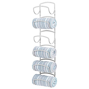 mDesign Steel Towel Holder for Bathroom Wall - Wall Mounted Organizer for Rolled Towels and Bath Robes - Six Level Wall Mount Towel Storage Rack - Bathroom Towel Organizer - Hyde Collection - Stone
