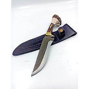 Antler Bowie Knife , 5160 Forged Steel Hunting Knife with Leather Case , Survival Knife , Camping Knife , Tactical Fixed Blade Knife , Collectible Knife , Collectors Knife