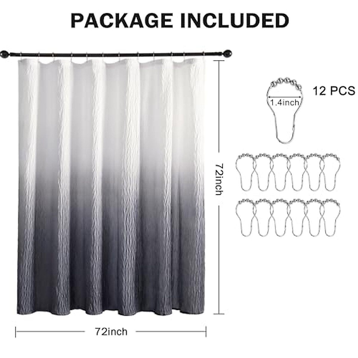 Reeple Ombre Shower Curtain Set with Hooks for Bathroom Textured Waterproof Gradient Fabric Bath Shower Curtain 72 x 72 Inches Grey