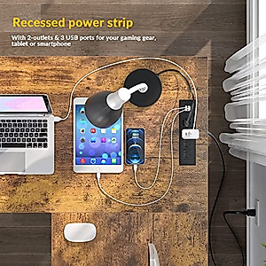 Unikito L Shaped Computer Desk with Magic Portable 4 Power Outlets and USB Charging Ports, 55 Inch Reversible L-Shaped Corner Table with Storage Shelf, 2 Person Home Office Gaming Desk, Rustic Brown