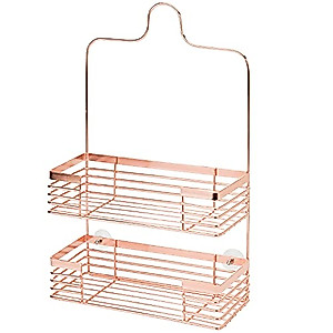 MyGift Modern Copper Metal 2 Tier Bathroom Hanging Shower Organizer, Over Head Shower Caddy Basket, Bathroom Accessories Organizer Storage Rack with Wall Suction Cups