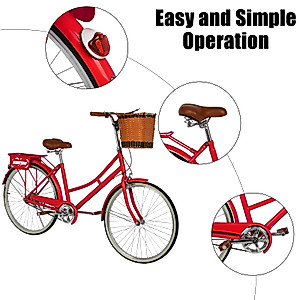 26-inch Single Speed Classic Bicycle Ladies' Retro Beach Cruiser Bicycle with Knitted Basket & Foam Rear Seat Dual Springs High Carbon Steel Shock-Absorbing Frame Adult Bicycle