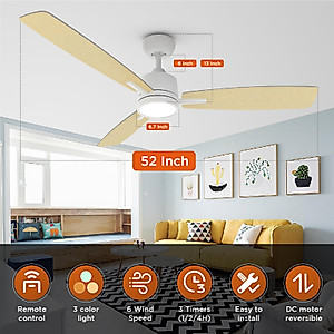 TALOYA 2 Pack 52 inch Ceiling Fans with Lights,Quiet Ceiling Fan with Reversible DC Motor and Remote for Home, White/Oak Finish