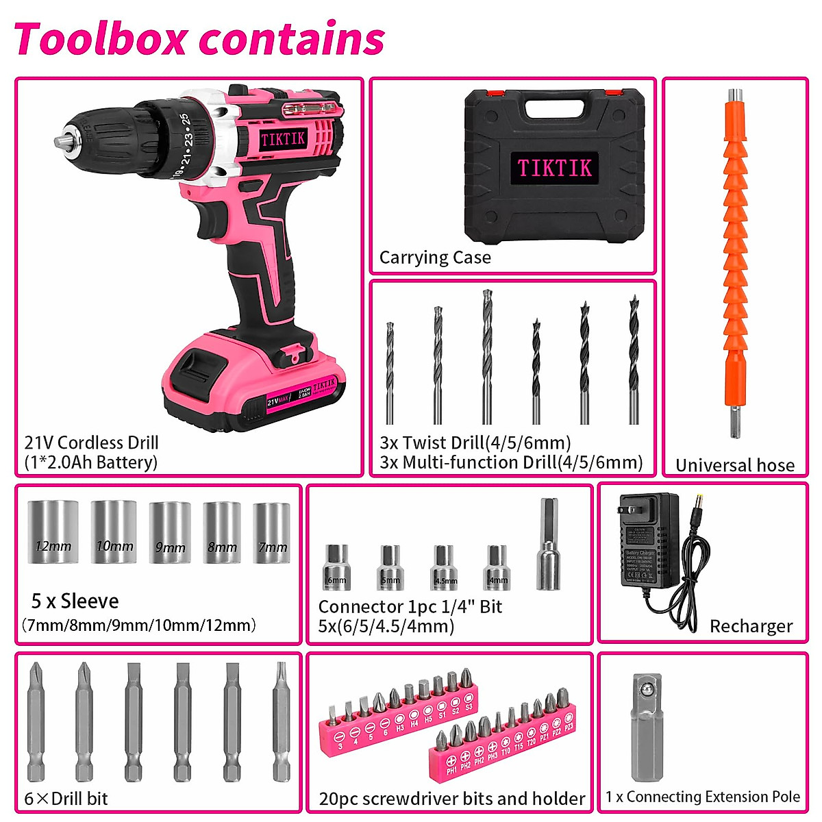 TIKTIK Pink Cordless Drill Set,21V Cordless Power Drill Tool Box with Battery and Charger,Torque 45N,3/8-Inch Keyless Chuck,25+3 Position and Drill Bits,Electric Screwdriver Driver Tool Kit for Women