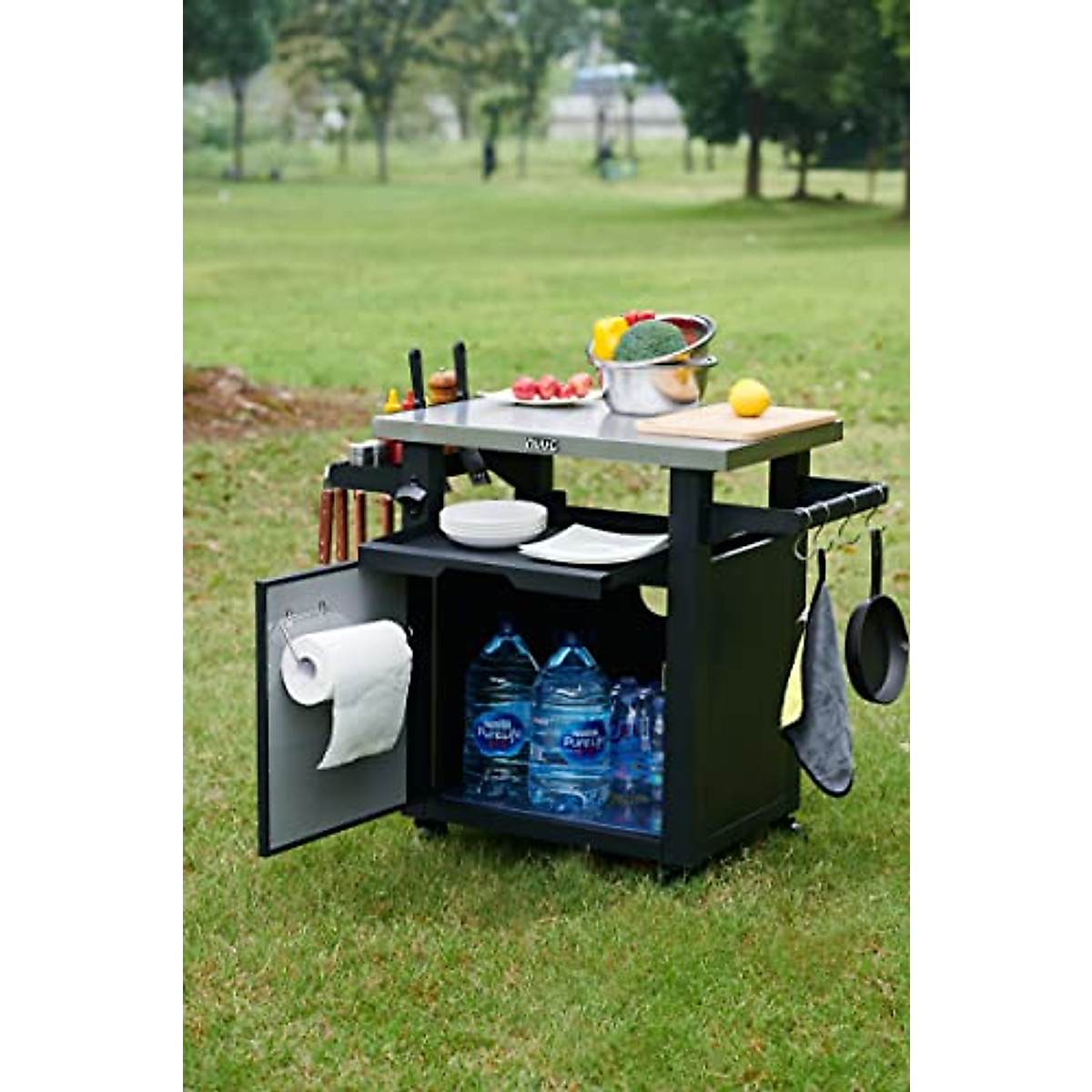 NUUK Deluxe Outdoor Rolling Prep Station, 20" x 30" Stainless Steel Kitchen Storage Island with Enclosed Cabinet and Storage Drawer