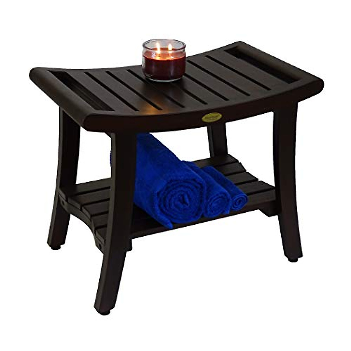 DecoTeak Harmony Shower Bench 24" Solid Teak Wood Shower Bench with Shelf and LiftAide Arms 300 Pound Weight Capacity Shower Stool in Woodland Brown Finish