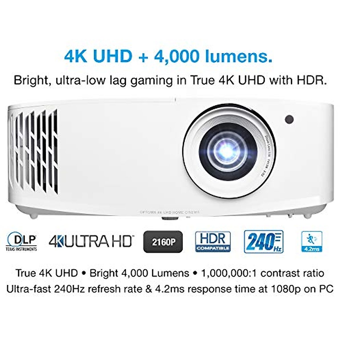 Optoma UHD38 Bright, True 4K UHD Gaming Projector | 4000 Lumens | 4.2ms Response Time at 1080p with Enhanced Gaming Mode | Lowest Input Lag on 4K Projector | 240Hz Refresh Rate | HDR10 & HLG