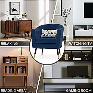 MoNiBloom Modern Accent Chair with Lumbar Pillow, Mid-Century Modern Sude Single Sofa Arm Chair for Living Room, Durable Upholstered Comfy Barrel Chair w/Gold Metal Legs and Wide Armrest, Navy Blue