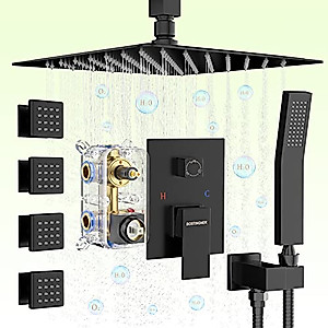 Bostingner Black Shower System with Body Spray Jets 10 Inch Rainfall Shower Ceiling Mounted Full Body Shower System Contain Rough-in Shower Valve, Matte Black