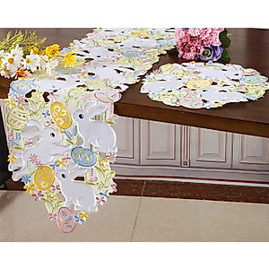 Easter Table Runner Spring Bunnys Flowery Table Runner Cutwork Embroidered Floral and Bunnys Dresser Scarf Table Topper Home Kitchen Dining Tabletop Decoration (Runner 13"×36", Bunny)