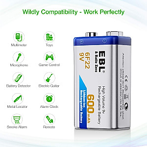 EBL 9V Batteries, Rechargeable 9V Battery 600mAh Lithium 6F22 Batteries for Smoke Detector, Long Lasting (4 Pack)