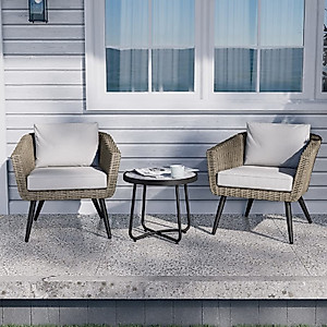 Grand patio 3-Piece Patio Bistro Set with Coffee Table & Gray Cushions Wicker Outdoor Conversation Chairs Sets with Heavy-Duty Anti-Rust Aluminum Frame for Balcony Yard