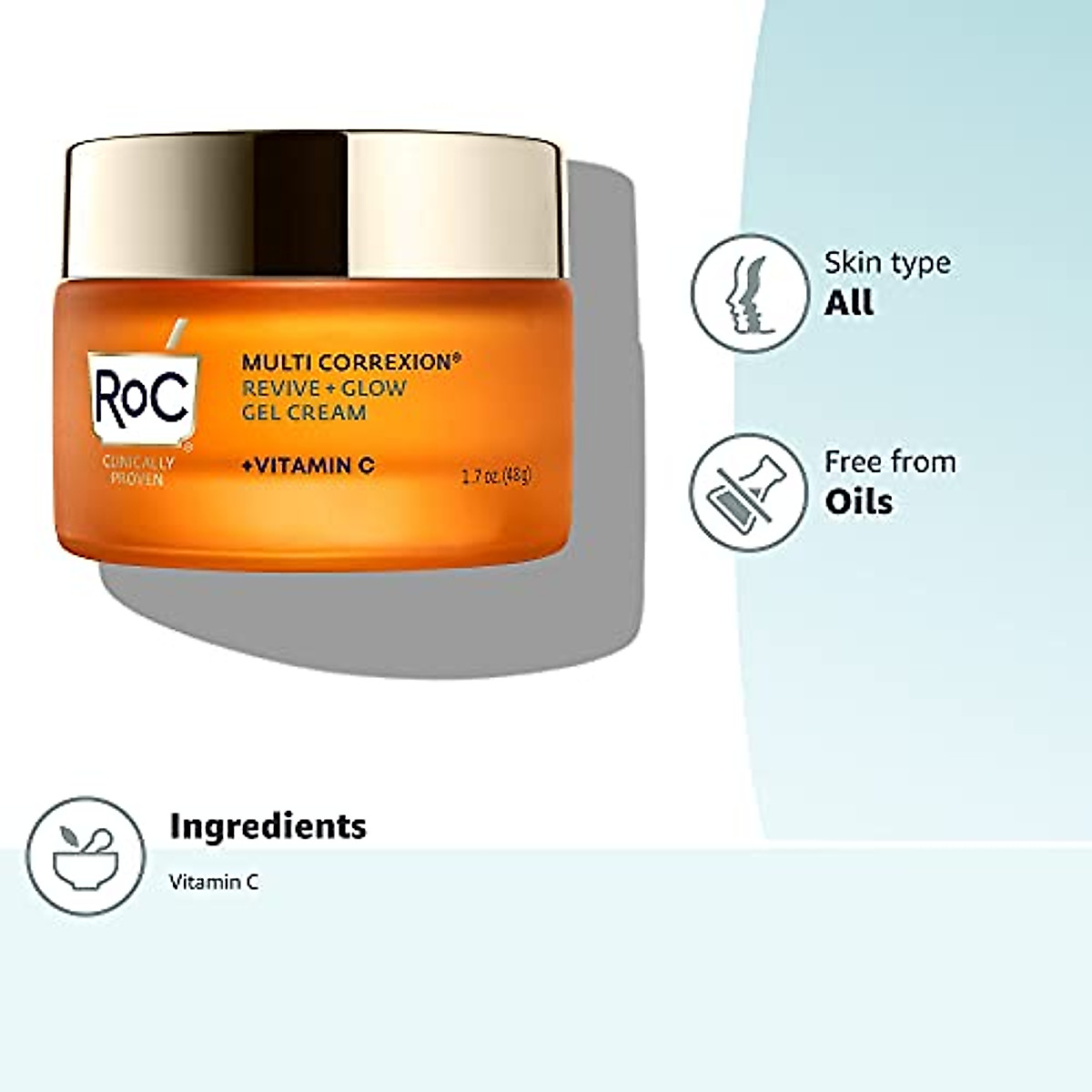 RoC Multi Correxion Revive + Glow 10% Vitamin C Blend Face Moisturizer, Anti-Aging Gel Cream for Instant Glow, Hypo-Allegenic & Oil-Free Skin Care,1.7 Ounce